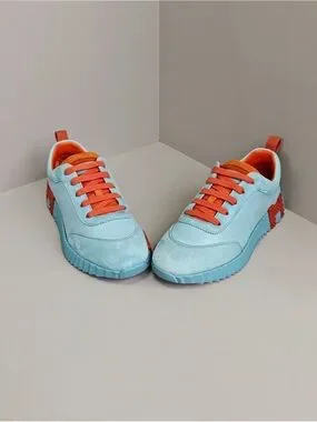 Hermes | Shoes | Hermes Light Blue Sneakers With Orange Accents | Poshmark